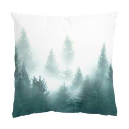 Bilderwelten Dekokissen beige Wald Motiv - Nadelwald im Nebel - B&auml;ume Sofakissen Bezug & F&uuml;llung in 40x40 50x50 60x60