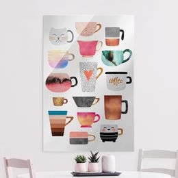 Bilderwelten Glasbild Kulinarisch modern gold Aquarell - Bunte Tassen mit Gold - Kaffee K&uuml;che
