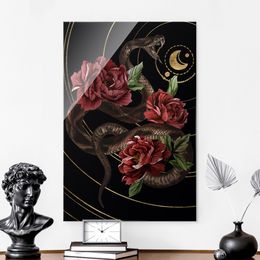 Bilderwelten Glasbild Tiere modern schwarz Aquarell - Schlange mit Rosen Schwarz und Gold II - Rose Jugendzimmer