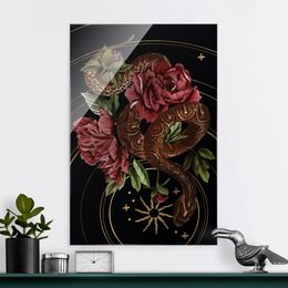 Bilderwelten Glasbild Tiere modern schwarz Aquarell - Schlange mit Rosen Schwarz und Gold III - Rose Jugendzimmer