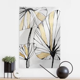 Bilderwelten Glasbild originell Tropisch weiss Glas Wandbild - Tropische Bl&auml;tter mit Gold I - Pflanzen Wohnzimmer Schlafzimmer