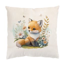 Bilderwelten Dekokissen Kissenbezug bunt Tiere modern Aquarell - Fuchs auf Blumenwiese - Bett Couch Sofakissen Bezug & F&uuml;llung in 40x40 50x50 60x60