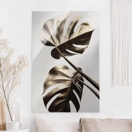Bilderwelten Glasbild Tropisch gold Glas Wandbild - Goldene Monsterabl&auml;tter - Deko Wohnzimmer Schlafzimmer