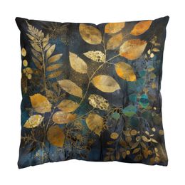 Bilderwelten Dekokissen schwarz Tropisch - Goldene und blaue Bl&auml;tter - Bett Couch Sofakissen Bezug & F&uuml;llung in 40x40 50x50 60x60