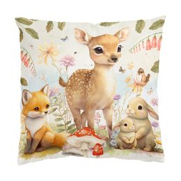 Bilderwelten Dekokissen bunt Tiere modern Aquarell - Fuchs Rehkitz und Hase auf Blumenwiese - Bett Couch Sofakissen Bezug & F&uuml;llung in 40x40 50x50 60x60