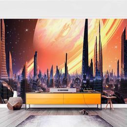 Bilderwelten Fototapete Vliestapete Digital Art Wandtapete orange - Sci-Fi Gro&szlig;stadt mit Planet - Deko Jugendzimmer