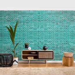 Bilderwelten Fototapete Vliestapete Motiv Steinoptik t&uuml;rkis - T&uuml;rkise Ziegelwand - Beton Wohnzimmer Schlafzimmer