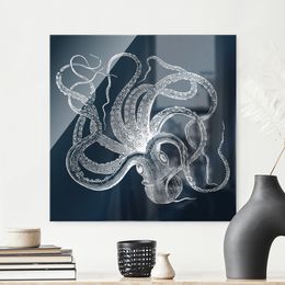 Bilderwelten Glasbild Tiere Illustration blau Glas Wandbild - Illustration verr&uuml;ckter Oktopus auf Blau - Deko Wohnzimmer Schlafzimmer