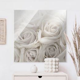 Bilderwelten Glasbild Blumen Motiv beige Glas Wandbild - Wei&szlig;e Rosen - Rose Wohnzimmer Schlafzimmer