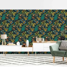 Bilderwelten Fototapete Blumen Illustration Wandtapete beige - Bunter Pfauengarten - V&ouml;gel Wohnzimmer Schlafzimmer