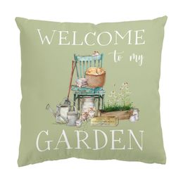 Bilderwelten Dekokissen gr&uuml;n Blumen Illustration Aquarell - Cottage Summer - Welcome to my Garden - Katze Sofakissen Bezug & F&uuml;llung in 40x40 50x50 60x60
