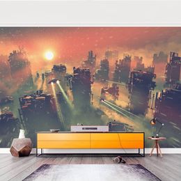 Bilderwelten Fototapete Fahrzeuge Digital Art Wandtapete orange - Sci-Fi Raumschiffe im Sonnenaufgang - Fahrzeuge Jugendzimmer