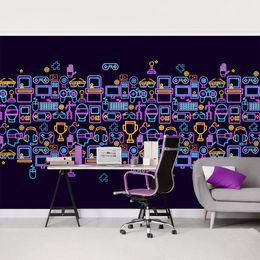 Bilderwelten Fototapete Vliestapete Neon Art Wandtapete blau - Neon Gaming Symbole - Deko Jugendzimmer