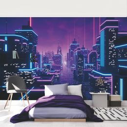 Bilderwelten Fototapete Vliestapete Neon Art 3D-Effekt violett - Neon Stadtlichter - Deko Jugendzimmer