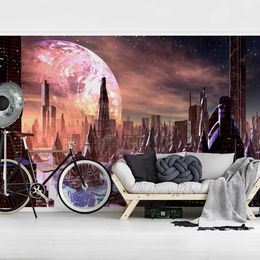 Bilderwelten Fototapete Vliestapete Digital Art 3D-Effekt schwarz - Sci-Fi Stadt mit Planeten - Deko Jugendzimmer