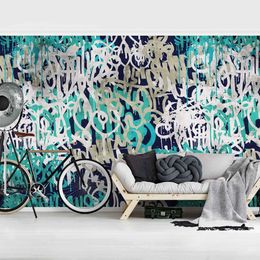 Bilderwelten Fototapete Spr&uuml;che Shabby Graffiti t&uuml;rkis - Graffiti Art Tagged Wall T&uuml;rkis - Spr&uuml;che Jugendzimmer