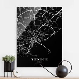 Bilderwelten Glasbild Spr&uuml;che Illustration schwarz weiss Glas Wandbild - Stadtplan Venedig - Klassik Schwarz - Karten Wohnzimmer Schlafzimmer