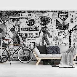 Bilderwelten Fototapete Vliestapete Industrial Steinoptik schwarz weiss - Abstract Graffiti Art Schwarz Wei&szlig; - Backstein Jugendzimmer
