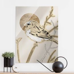 Bilderwelten Glasbild Tiere Vintage beige Glas Wandbild - Vogel vor goldener Sonne IV - Retro Wohnzimmer Schlafzimmer