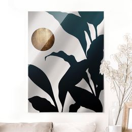 Bilderwelten Glasbild Tropisch petrol Glas Wandbild - Goldener Mond im Dschungel - Deko Wohnzimmer Schlafzimmer