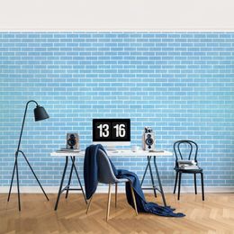 Bilderwelten Fototapete Vliestapete Motiv Steinoptik blau - Pastellblaue Ziegelwand - Beton Wohnzimmer Schlafzimmer