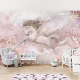 Bilderwelten Fototapete Tiere Illustration Wandtapete rosa - Pegasus Einhorn mit Rosen - Einhorn Kinderzimmer Baby M&auml;dchen Jungen