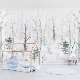 Bilderwelten Fototapete Wald modern Aquarell beige - Birkenwald mit Mohnblumen - Mohn Kinderzimmer Baby M&auml;dchen Jungen