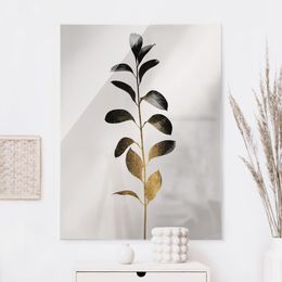 Bilderwelten Glasbild Blumen Tropisch schwarz weiss Glas Wandbild - Grafische Pflanzenwelt - Gold und Grau - Deko Wohnzimmer Schlafzimmer