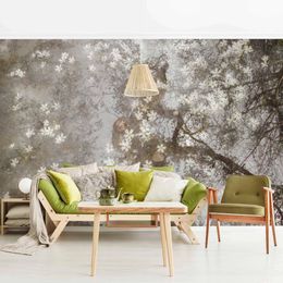 Bilderwelten Fototapete Blumen modern Wandtapete grau - Abstrakter Baum mit Bl&uuml;ten - B&auml;ume Wohnzimmer Schlafzimmer