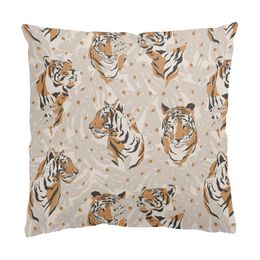 Bilderwelten Dekokissen beige Tiere Tropisch - Ethno Safari Tiger und Monstera - Tiger Sofakissen Bezug & F&uuml;llung in 40x40 50x50 60x60
