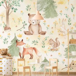 Bilderwelten Fototapete Blumen Illustration Aquarell gelb - Fuchs und B&auml;r mit Blumen und B&auml;umen - Blumenwiese Kinderzimmer Baby M&auml;dchen Jungen