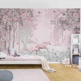 Bilderwelten Fototapete Wald Illustration Wandtapete rosa - Einhorn auf Blumenwiese in Rosa - B&auml;ume Kinderzimmer Baby M&auml;dchen Jungen
