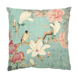 Bilderwelten Dekokissen t&uuml;rkis Blumen Vintage - Chinesischer Magnoliengarten - Retro Sofakissen Bezug & F&uuml;llung in 40x40 50x50 60x60