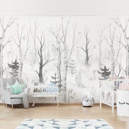 Bilderwelten Fototapete Wald modern Aquarell schwarz weiss - Birkenwald mit Mohnblumen Schwarz Wei&szlig; - Mohn Kinderzimmer Baby M&auml;dchen Jungen