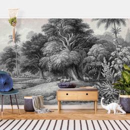 Bilderwelten Fototapete Wald Vintage Wandtapete grau - Tropischer Kupferstich in Warmgrau - Pflanzen Wohnzimmer Schlafzimmer