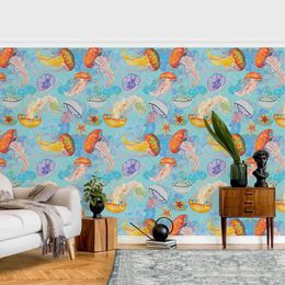 Bilderwelten Fototapete Strand Illustration Wandtapete blau - Farbenfrohe Quallen auf Blau - Unterwasser Wohnzimmer Schlafzimmer