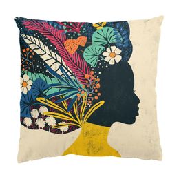 Bilderwelten Dekokissen bunt Blumen Illustration - Frau mit Blumenafro - Bett Couch Sofakissen Bezug & F&uuml;llung in 40x40 50x50 60x60