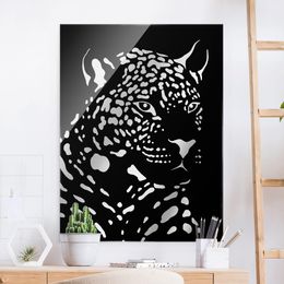 Bilderwelten Glasbild Tiere Illustration schwarz Glas Wandbild - Safari Tiere - Portrait Leopard Schwarz - Deko Wohnzimmer Schlafzimmer