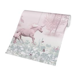 Bilderwelten Fototapete Einhorn auf Blumenwiese in Rosa Wei&szlig; - Vliestapete inkl. Kleister oder selbstklebende Tapete nach Ma&szlig; - M&auml;dchen M&auml;dchenzimmer Kindezimmer
