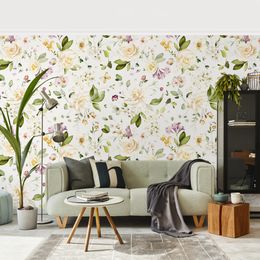 Bilderwelten Fototapete Tiere modern Aquarell weiss - Wildblumen und Wei&szlig;e Rosen Aquarell Muster - Rose Wohnzimmer Schlafzimmer