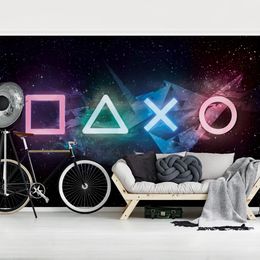 Bilderwelten Fototapete Vliestapete Neon Art Wandtapete schwarz - Controller Symbole in ferner Galaxie - Symbole Jugendzimmer