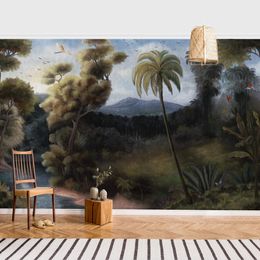 Bilderwelten Fototapete Wald Tropisch Wandtapete bunt - Malerischer Vintage Dschungel - B&auml;ume Wohnzimmer Schlafzimmer