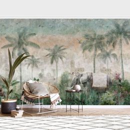 Bilderwelten Fototapete Wald Vintage Wandtapete gr&uuml;n - Vintage Dschungel Szene mit Elefant - B&auml;ume Wohnzimmer Schlafzimmer