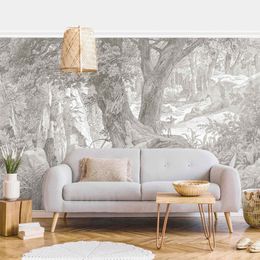Bilderwelten Fototapete originell Illustration Wandtapete grau - Johann Wilhelm Schirmer - Waldlandschaft - Deko Wohnzimmer Schlafzimmer
