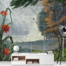 Bilderwelten Fototapete Wald Vintage Wandtapete bunt - Rote Blumen einer Waldlandschaft - B&auml;ume Wohnzimmer Schlafzimmer
