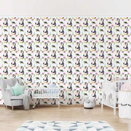 Bilderwelten Fototapete Tiere Abstrakt Aquarell bunt - Mr. & Mrs. Panda - Pinguin mit Nelken und Trauben - Spr&uuml;che Kinderzimmer Baby M&auml;dchen Jungen