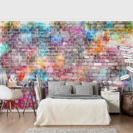 Bilderwelten Fototapete Vliestapete Shabby Steinoptik bunt - Bunte Shabby Backsteinwand - Beton Wohnzimmer Schlafzimmer