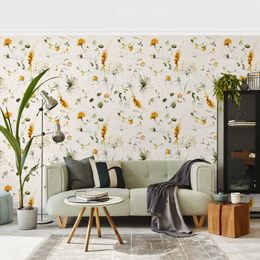 Bilderwelten Fototapete Blumen Tropisch Aquarell beige - Wildblumen Aquarell Muster auf Beige - Pflanzen Wohnzimmer Schlafzimmer