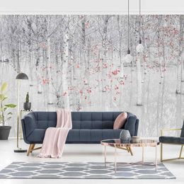 Bilderwelten Fototapete Wald modern Wandtapete grau - Birkenwald mit rosa Bl&auml;ttern - B&auml;ume Wohnzimmer Schlafzimmer