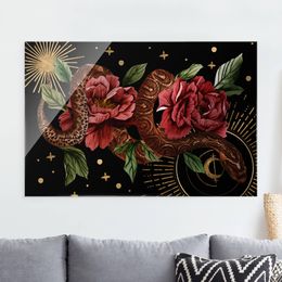 Bilderwelten Glasbild Tiere modern schwarz Aquarell - Schlangen mit Rosen vor Schwarz und Gold II - Rose Jugendzimmer
